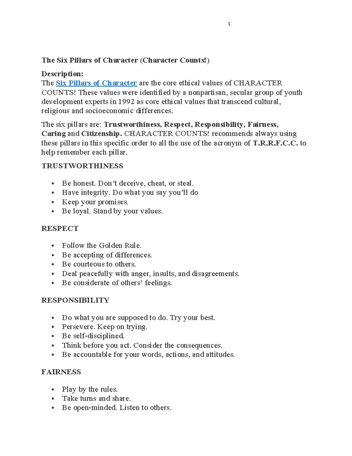 The Six Pillars of Character - The six pillars are: Trustworthiness ...