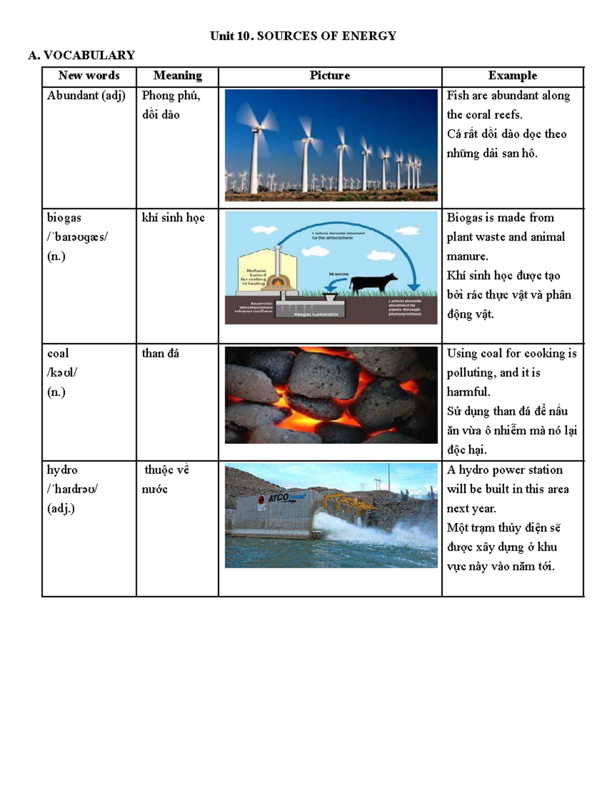 Unit 10: Sources of Energy - Vocabulary and Grammar Notes (HS) - Studocu