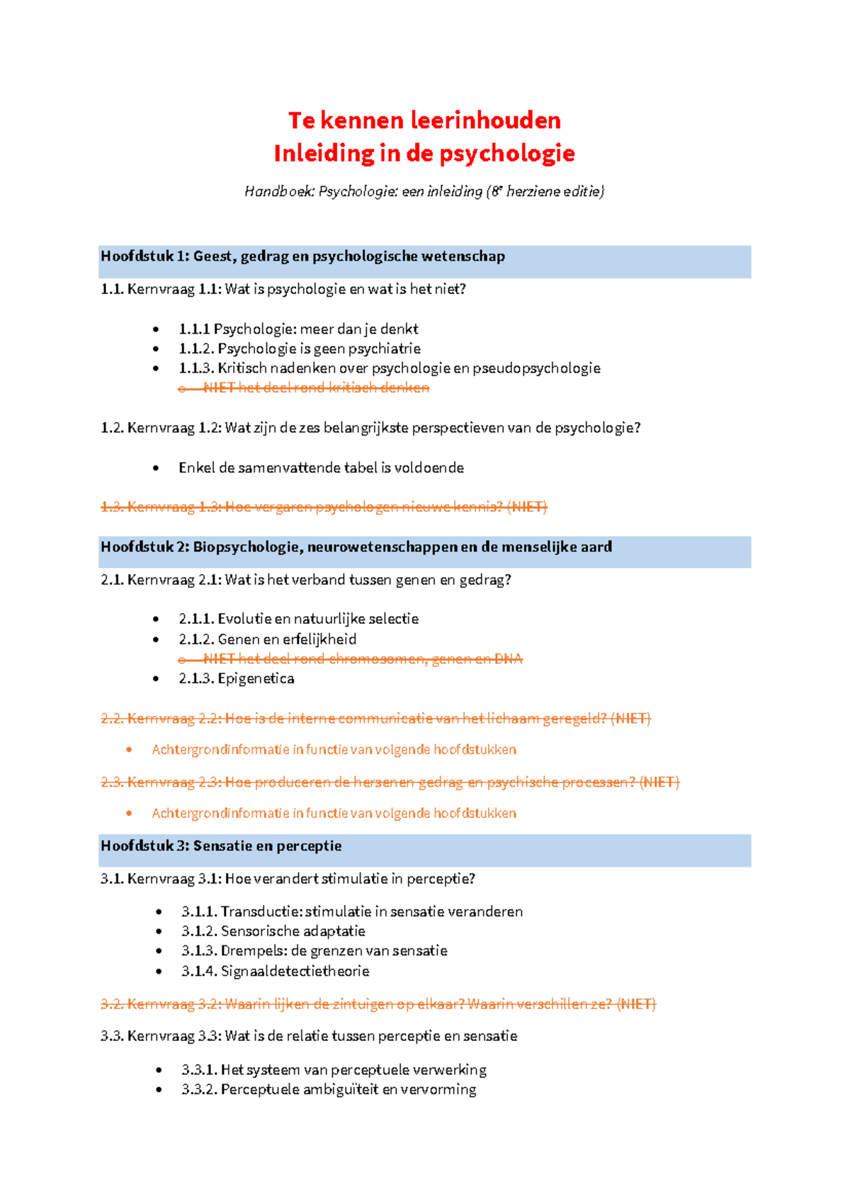 Inleiding in de Psychologie: Te Kennen Leerinhouden (Hoofdstukken) - Studocu