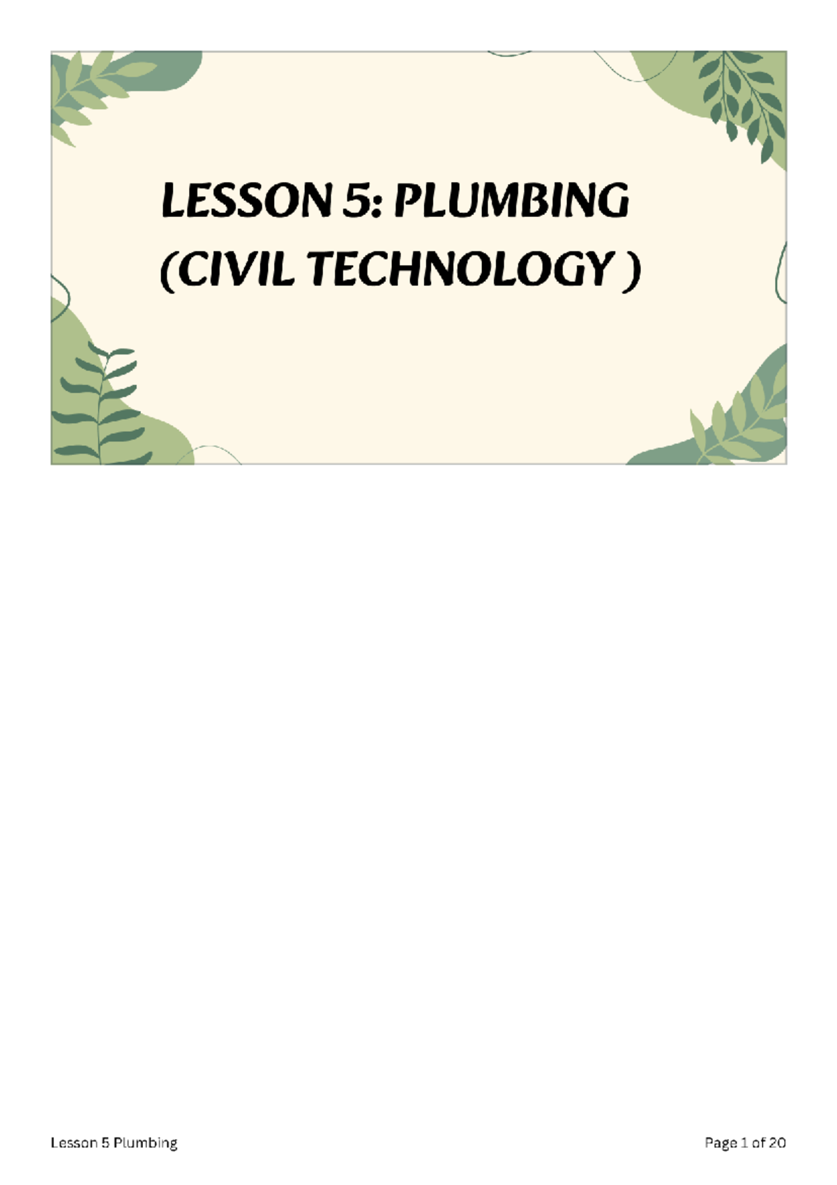 CIVIL TECH: Lesson 5 - Plumbing Overview and Components - Studocu
