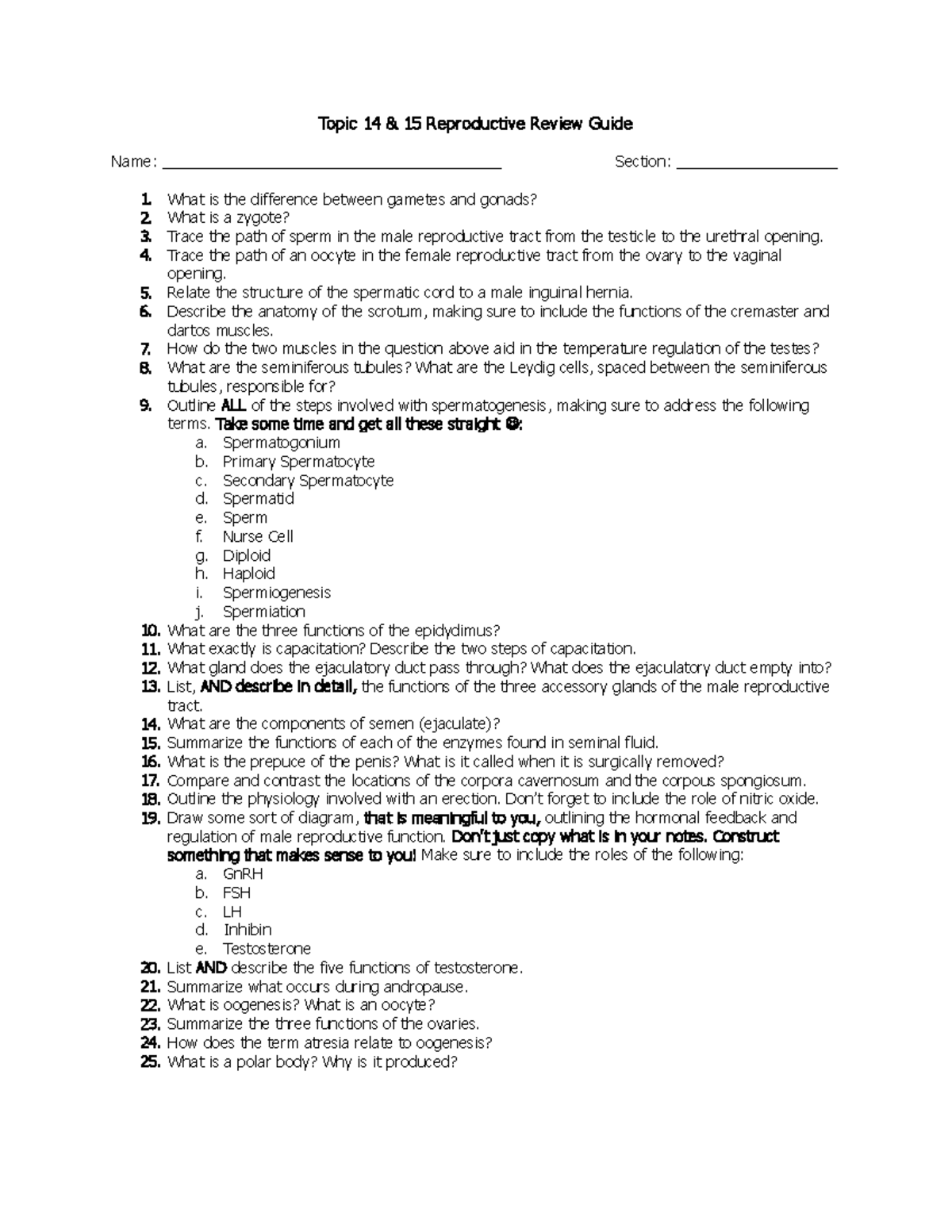 Reproductive System Review Guide For final exam - Topic 14 & 15 ...