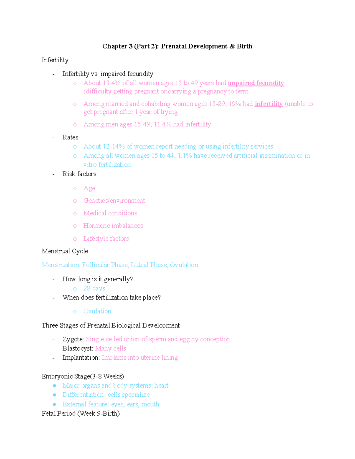Chapter 3 (Part 2): Prenatal Development & Infertility Notes - Studocu