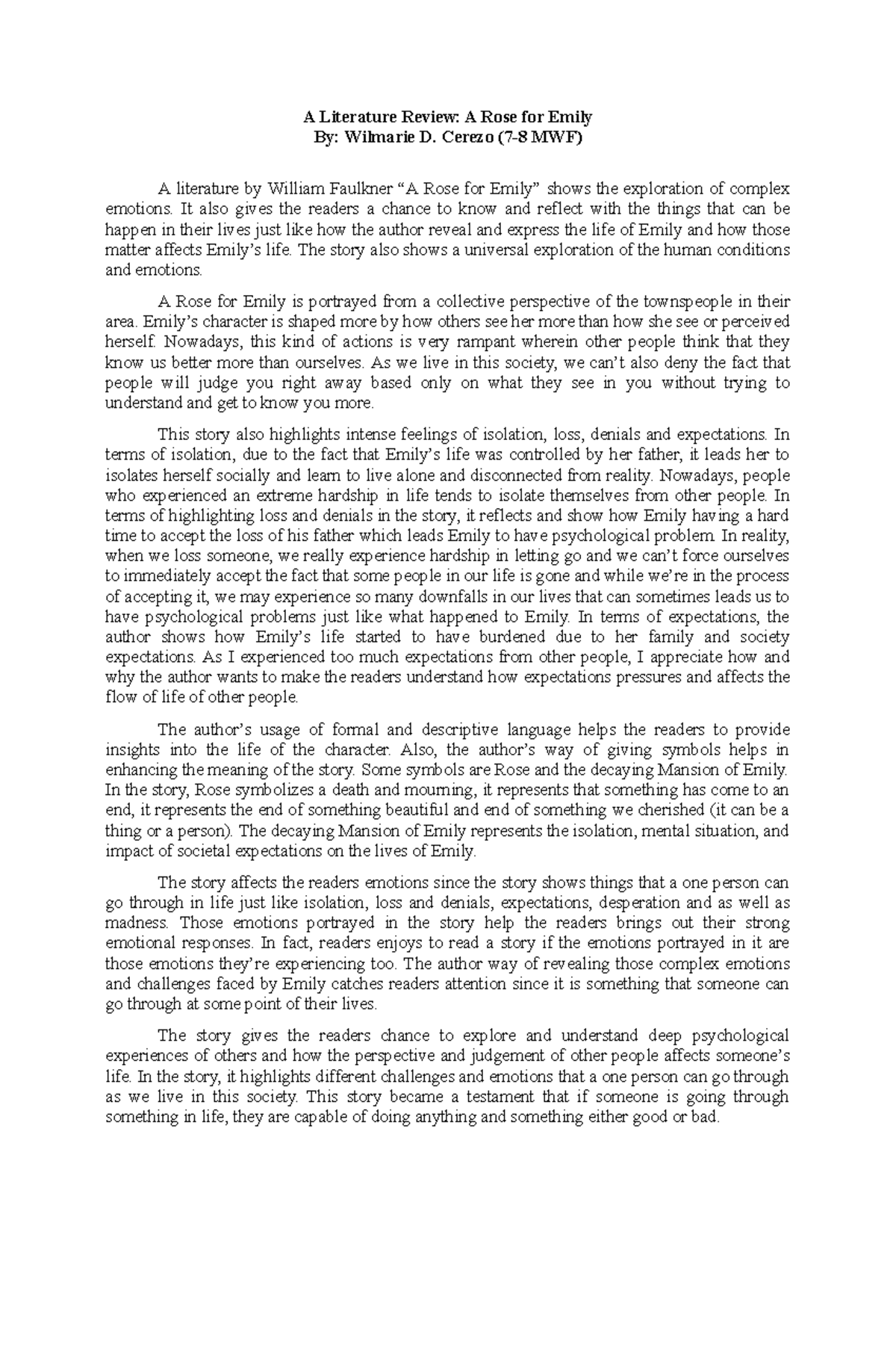 A Rose for Emily - A Literature Review: A Rose for Emily By: Wilmarie D ...