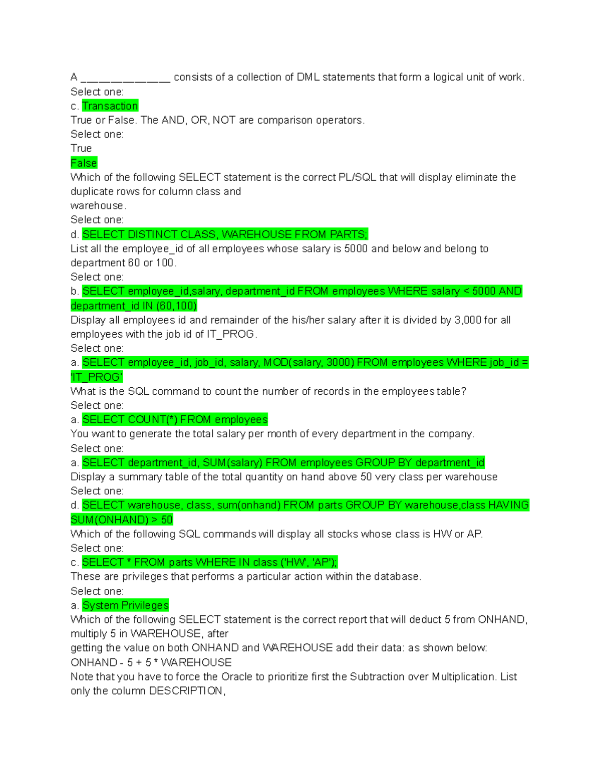 Oracle PRT2: SQL Queries and Commands Review - Studocu