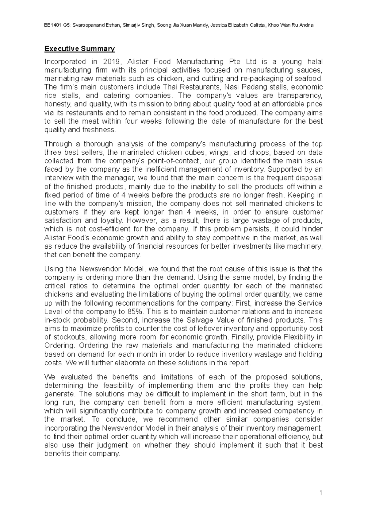 BE1401 S15 G5 Project Final - Executive Summary Incorporated in 2019 ...