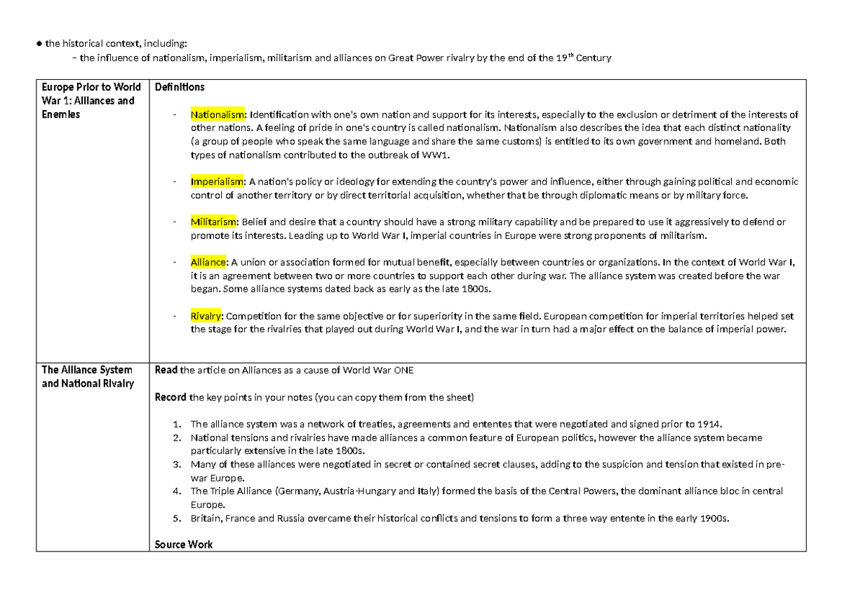 The Alliance System and National Rivalry: Causes of WW1 (HIST 101 ...