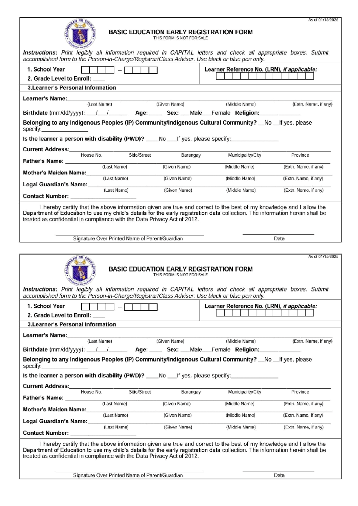 Early Registration Form 2025-2026 - As of GREAT NG BASIC EDUCATION ...