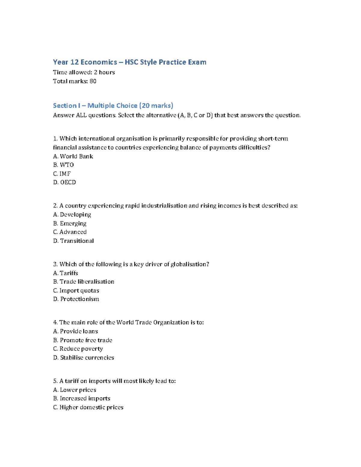 Year 12 Economics HSC Style Practice Exam: Practice Questions & Answers ...