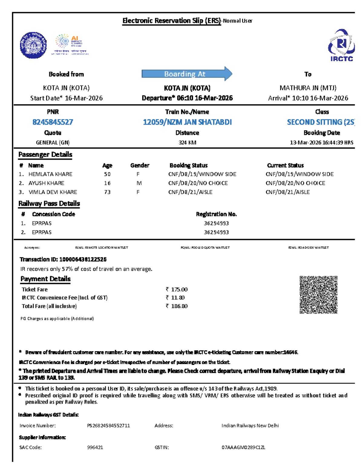 KOTA JN to MATHURA JN Train Booking Details - PNR 8245845527 - Studocu