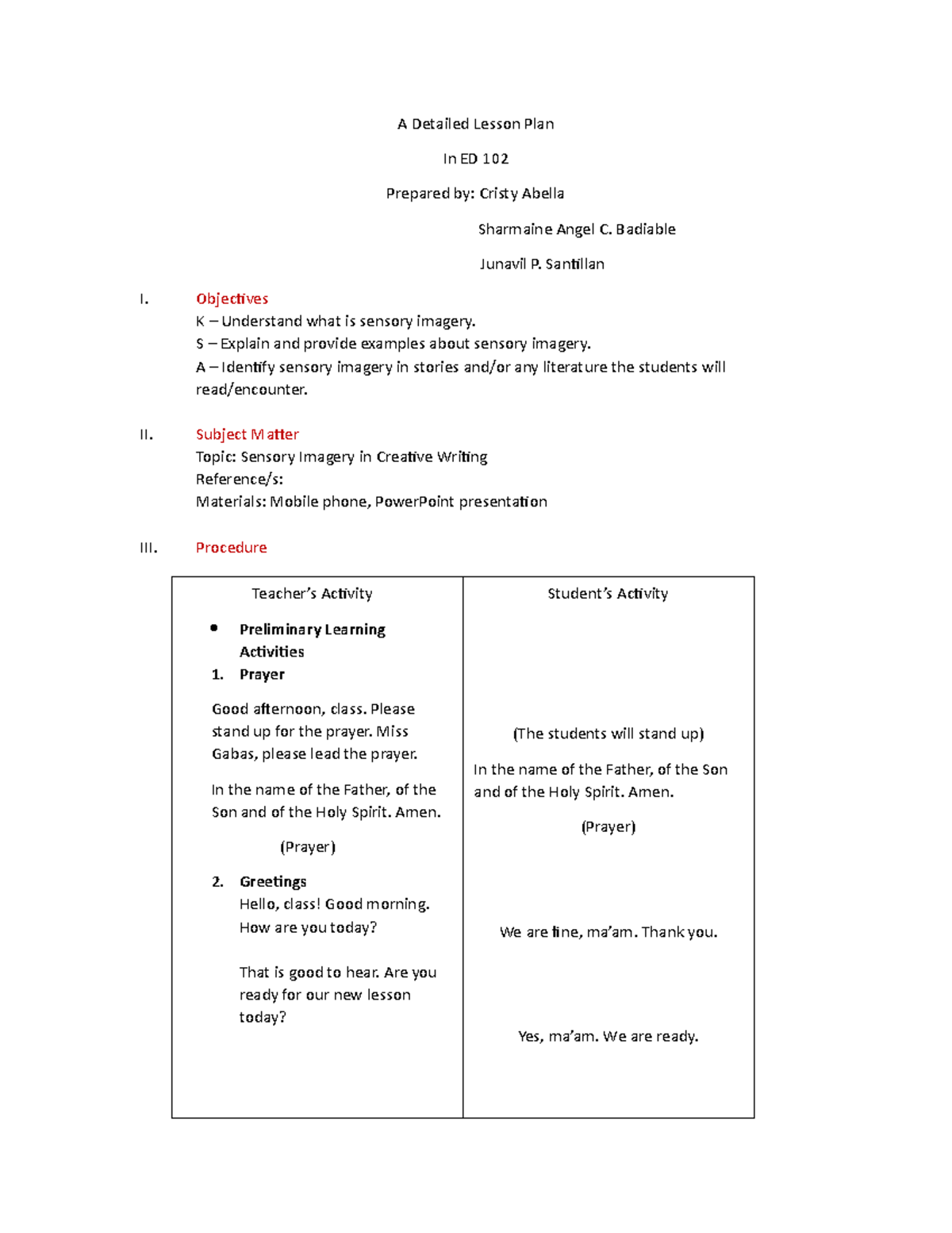 Lesson Plan: Understanding Sensory Imagery in ED 102 - Studocu