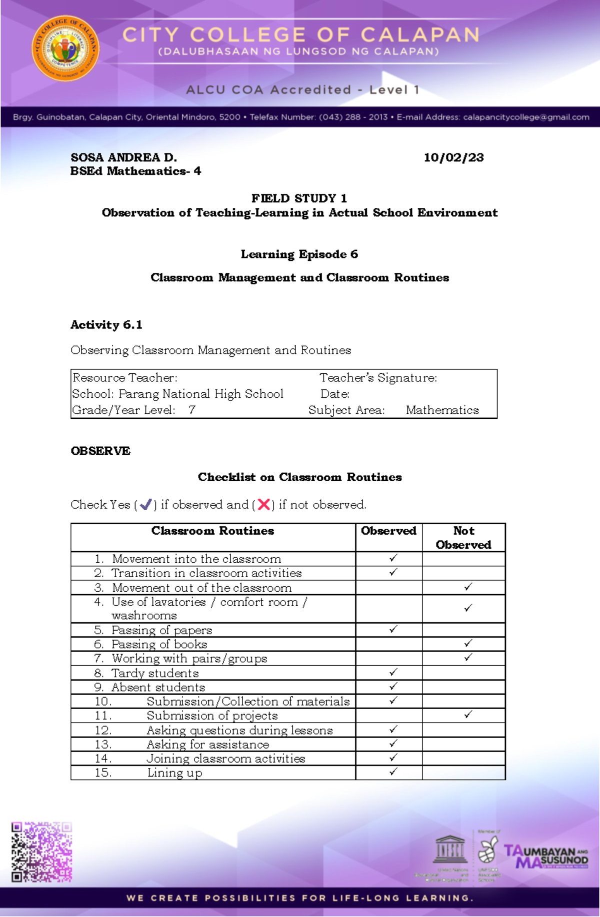 FS1-ep6 Classroom Management and Routines Observation Report - Studocu