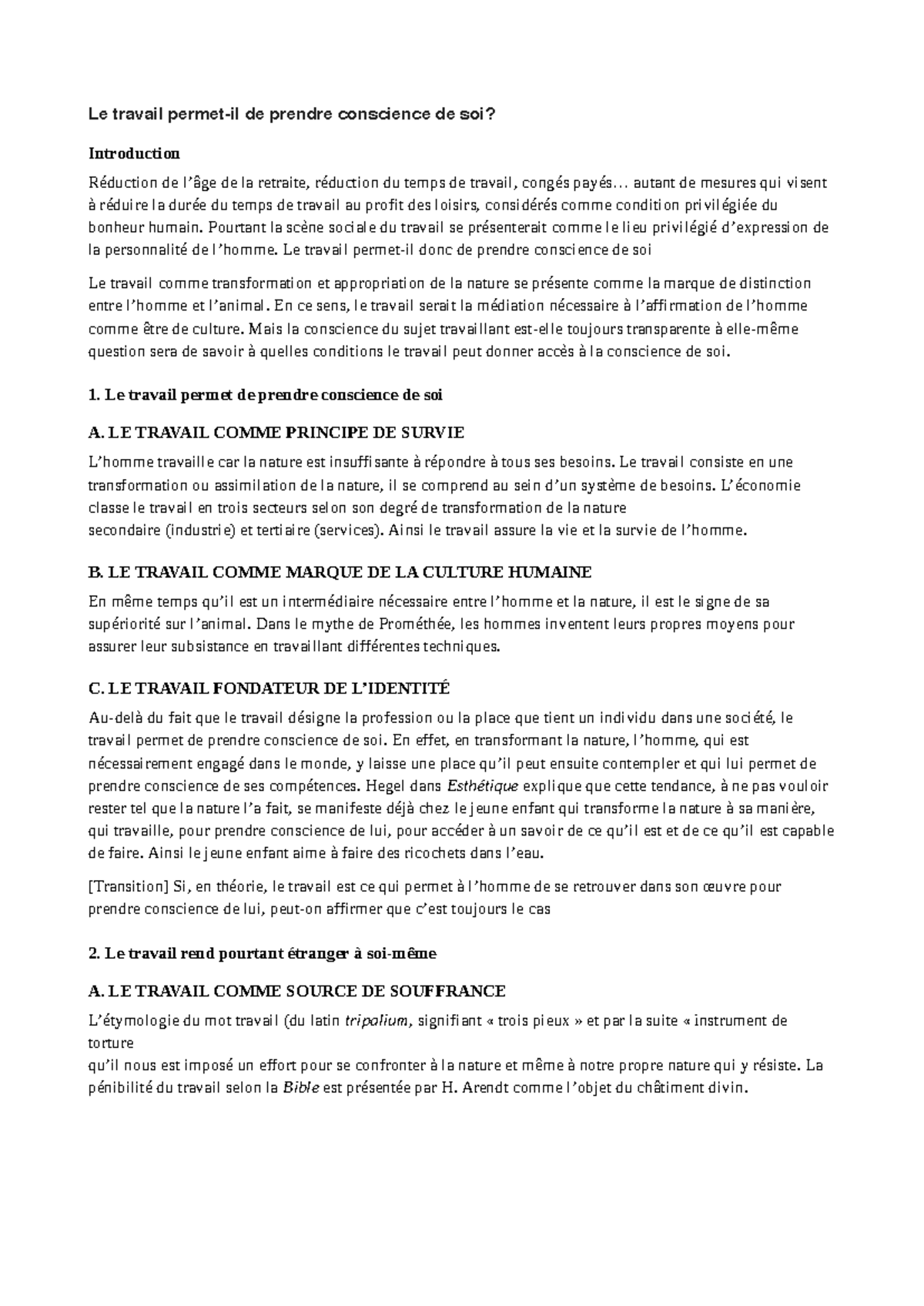 Le travail et la conscience de soi : Réflexions et enjeux - Studocu