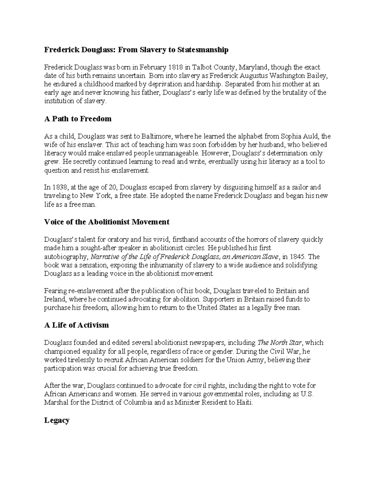 Frederick Douglass - history of the character - Frederick Douglass ...