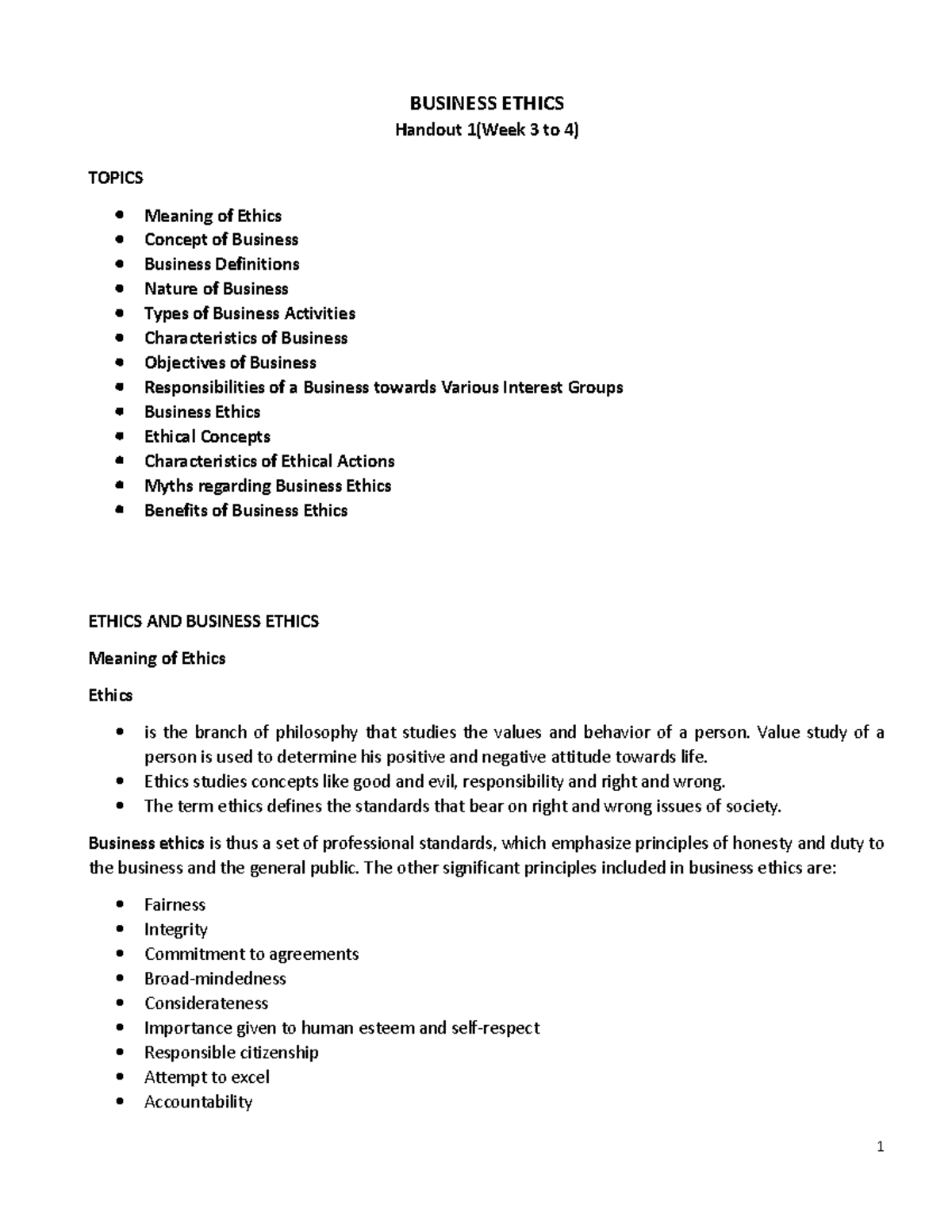 Business Ethics Learning Materials 1 - BUSINESS ETHICS Handout 1(Week 3 ...