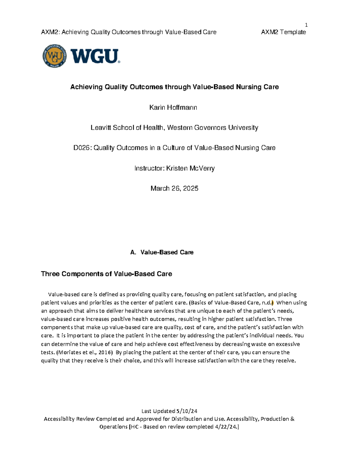AXM2 D026: Quality Outcomes through Nursing Care Assessment - Studocu