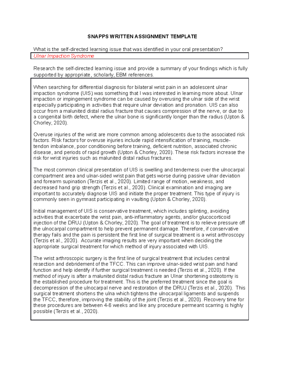 SNAPPS Week 2 Written Assignment: Ulnar Impaction Syndrome Analysis ...