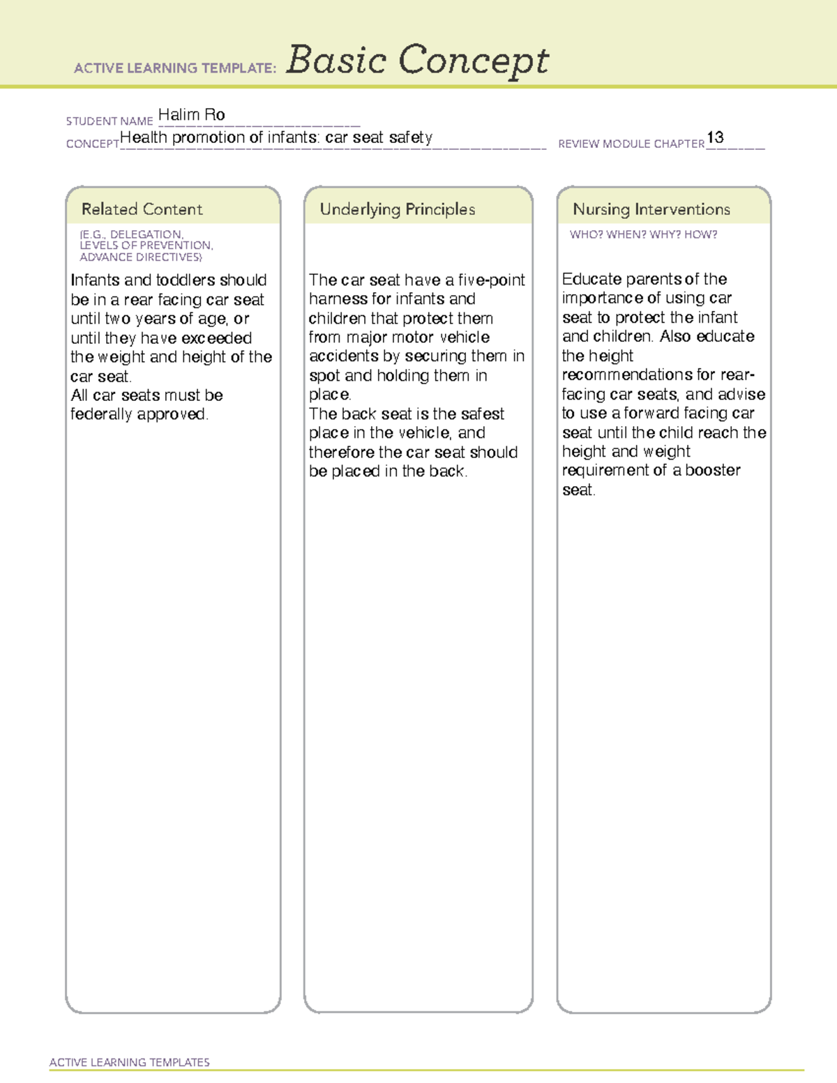 NUR 101: Active Learning Template on Car Seat Safety for Infants - Studocu