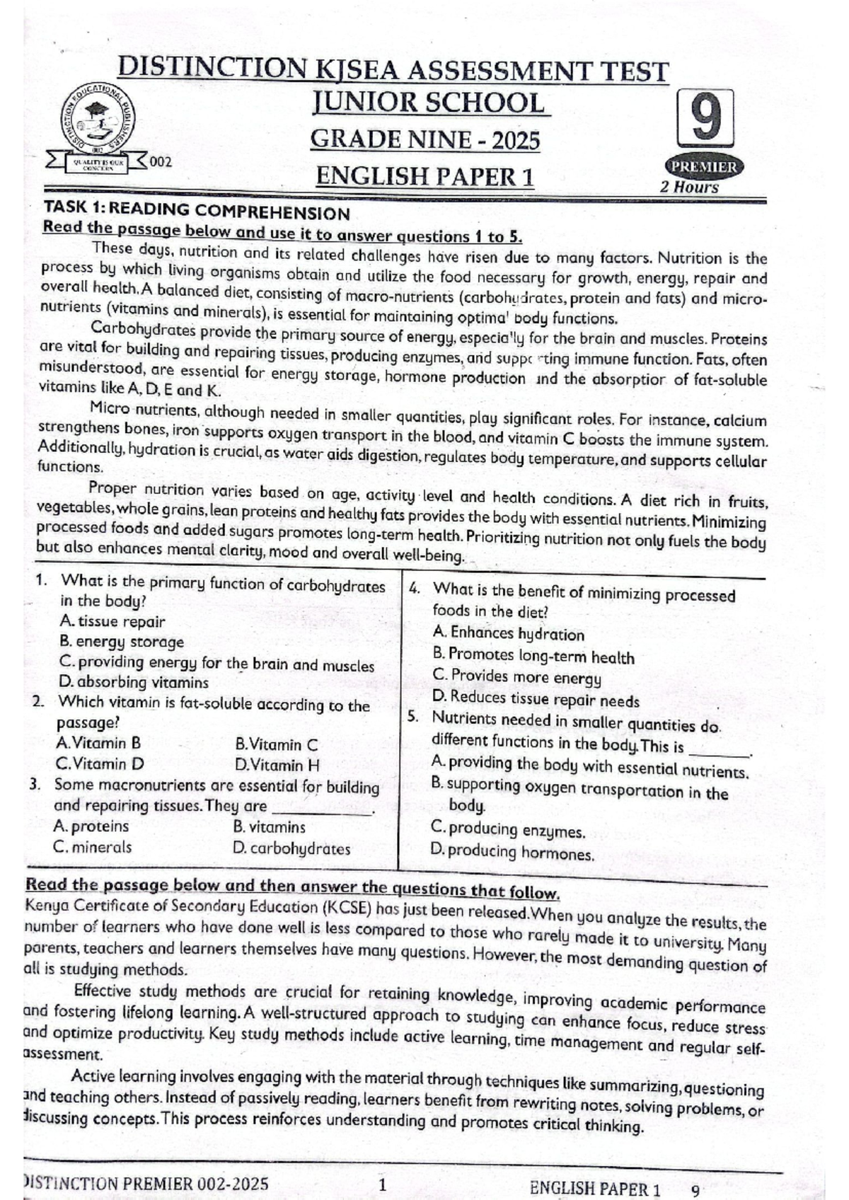 Distinction KJSEA assessment test English paper 1 for grade 9 2025 ...