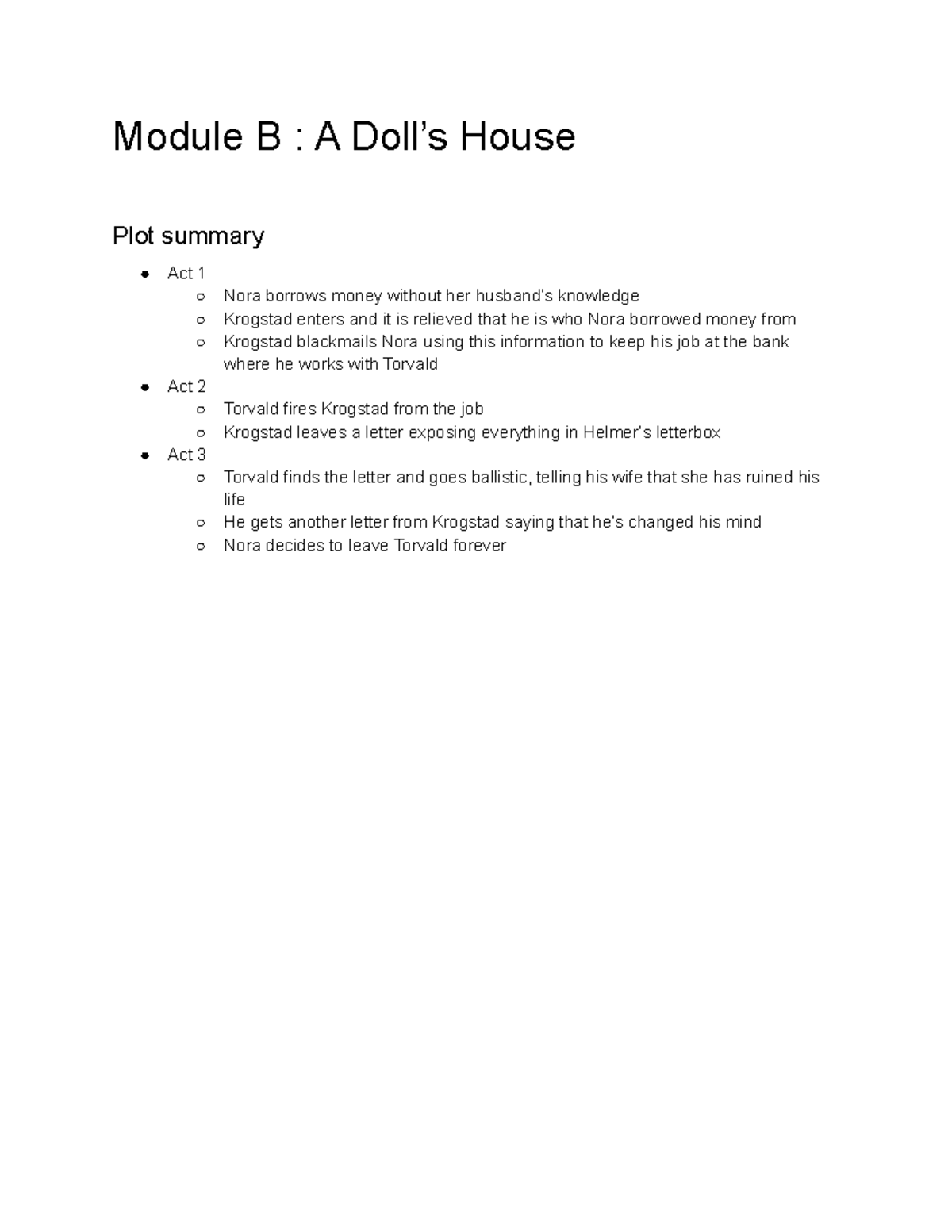 HSC ADV ENG Module B Final Analysis of A Doll's House - Studocu