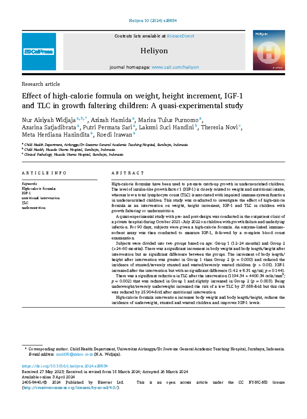 Effect of high-calorie formula on weight height in - Heliyon 10 (2024 ...