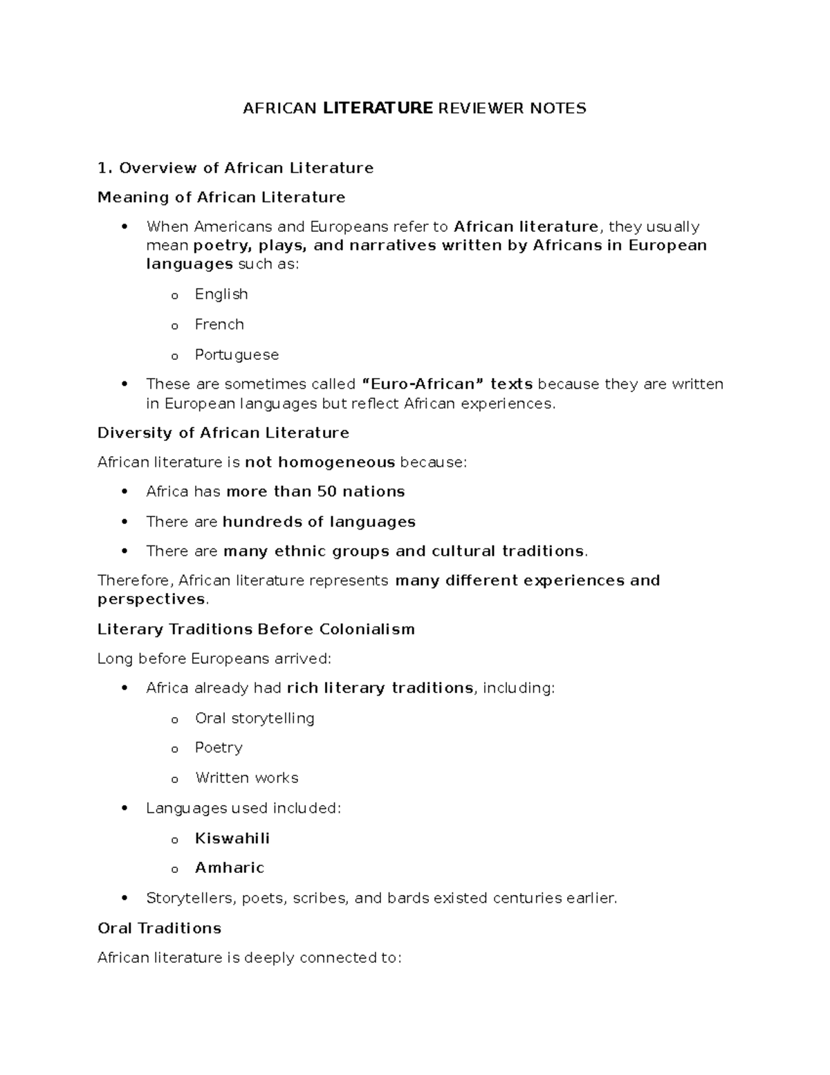 African Literature Review Notes: Key Themes and Authors - Studocu