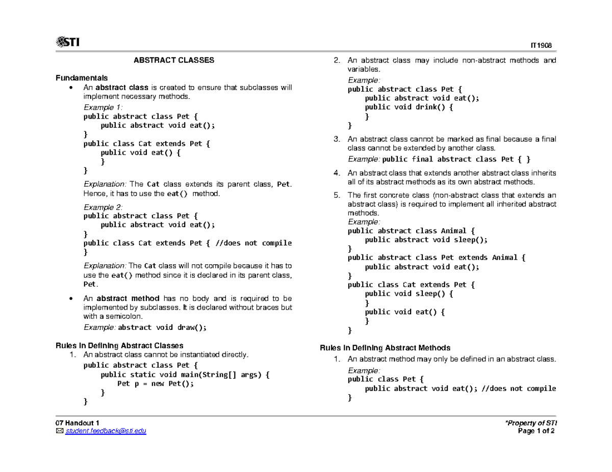 It 07 Final Exam Notes Understanding Abstract Classes In Oop Studocu