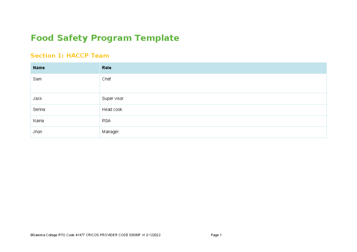 Sitxfsa 008 Food Safety Program Template - Food Safety Program Template ...