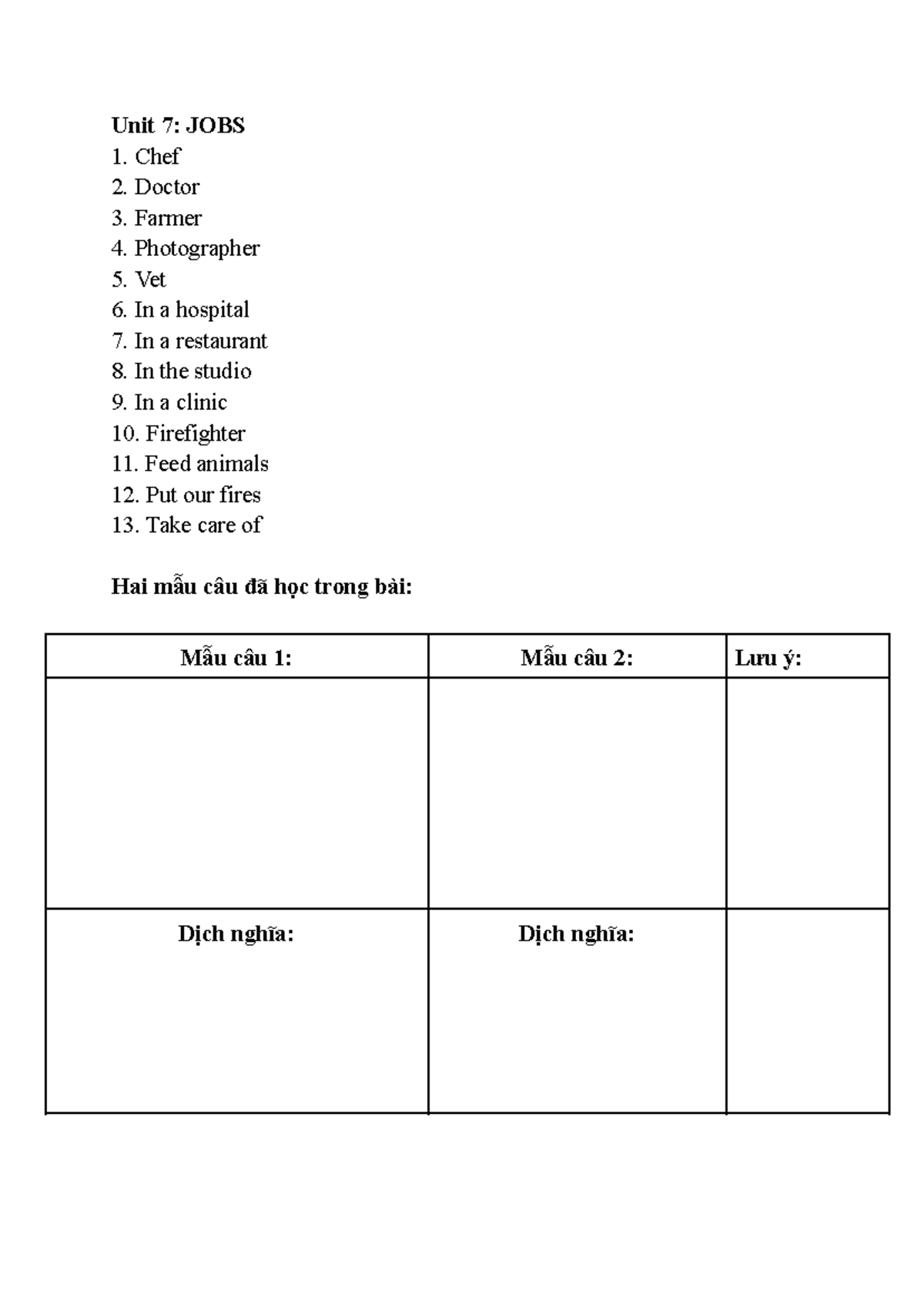 W4: Vocabulary for 4th Grade English - Jobs & Activities - Studocu
