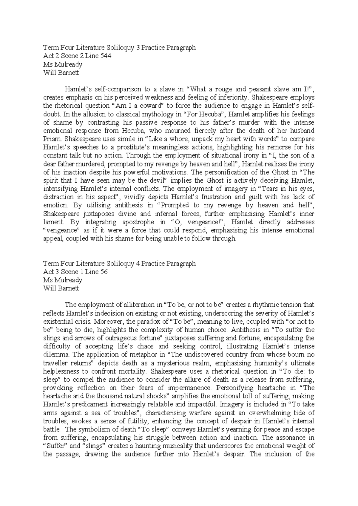 Will B Literature Soliloquy 3 & 4 Practice Paragraphs Analysis - Studocu