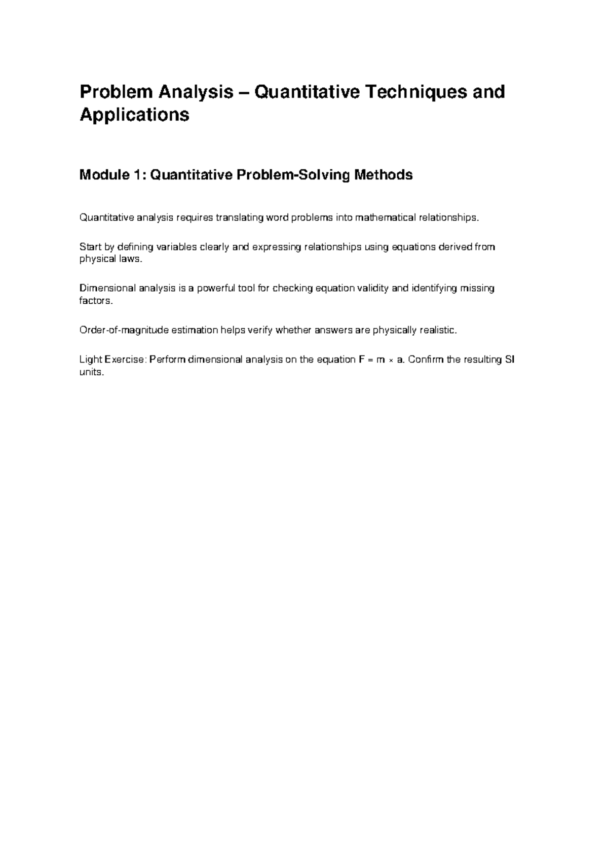 Quantitative Techniques Problem Analysis: Modules 1, 2, 4, 5, 7, 8, 10 ...