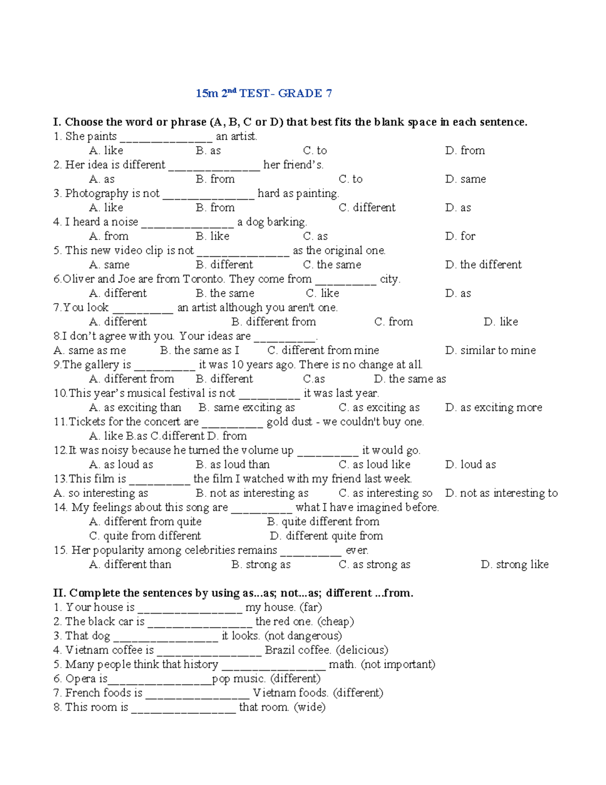 15m 2nd GRADE TEST HK1: Fill in the Blanks & Comparative Structures ...