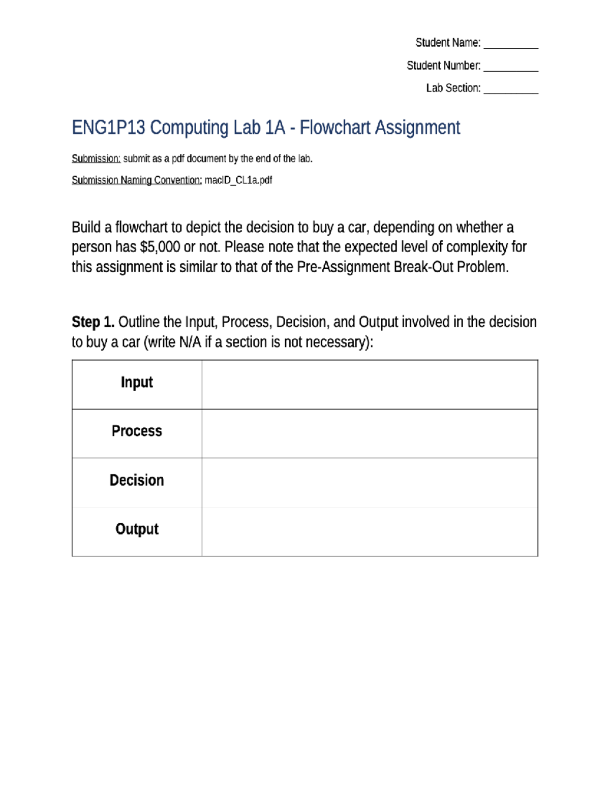 ENG1P13 Lab 1A Flowchart Assignment: Car Purchase Decision - Studocu