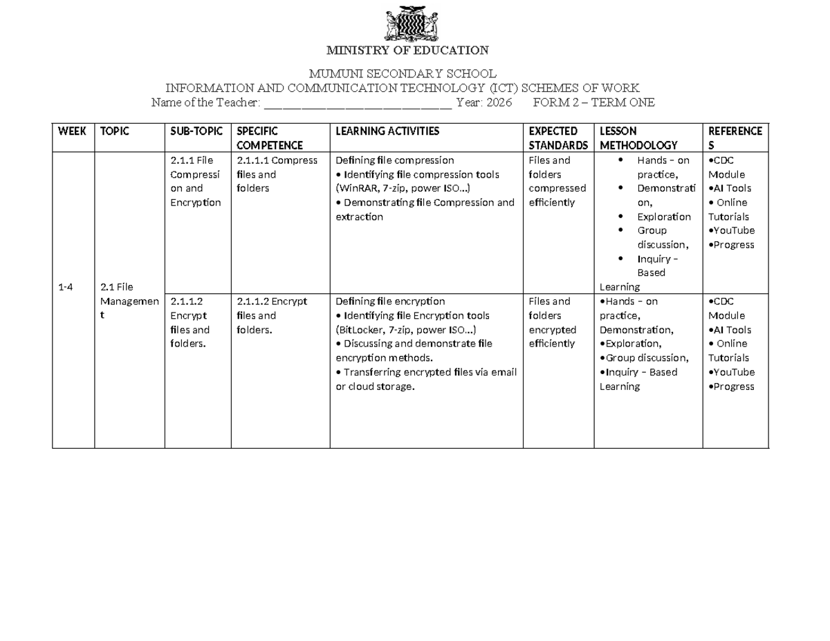 FORM 2 ICT TERM 1 Schemes of Work: File Compression & Encryption - Studocu