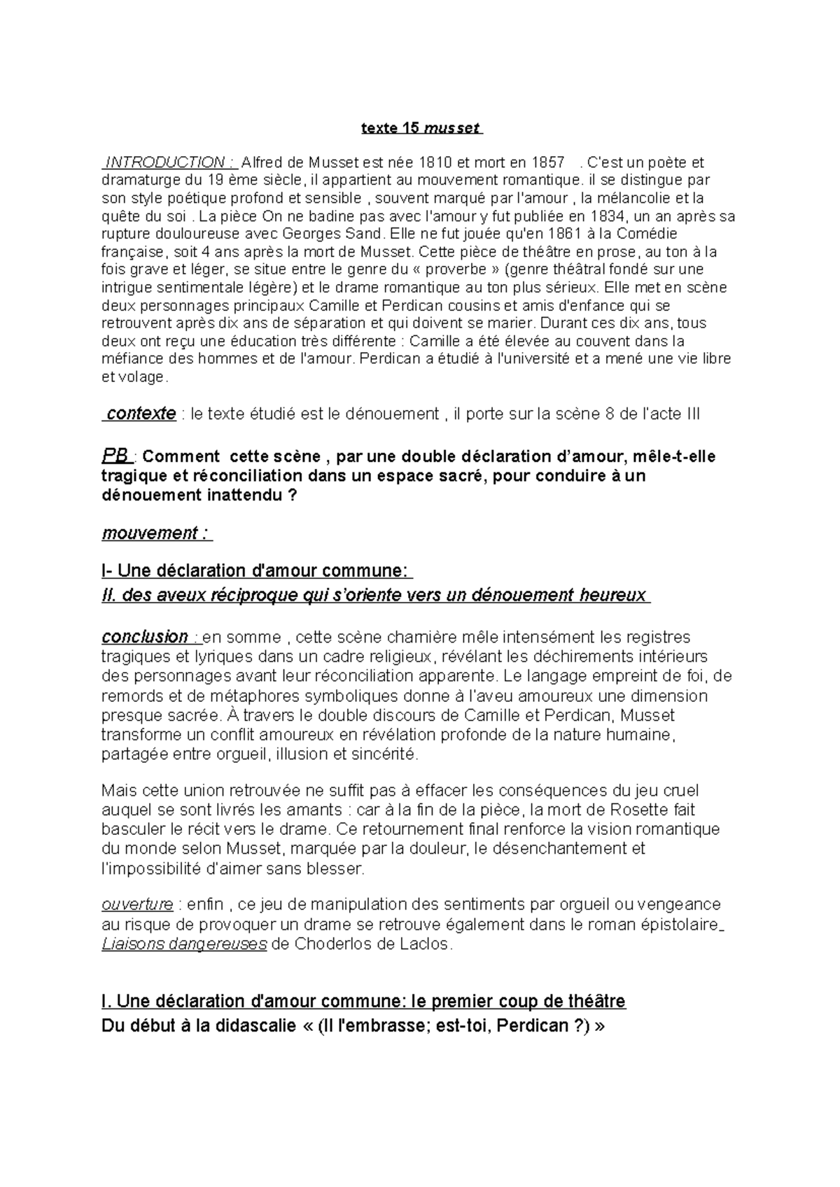 Analyse linéaire de l'Acte 3, Scène 8 de "On ne badine pas avec l'amour ...