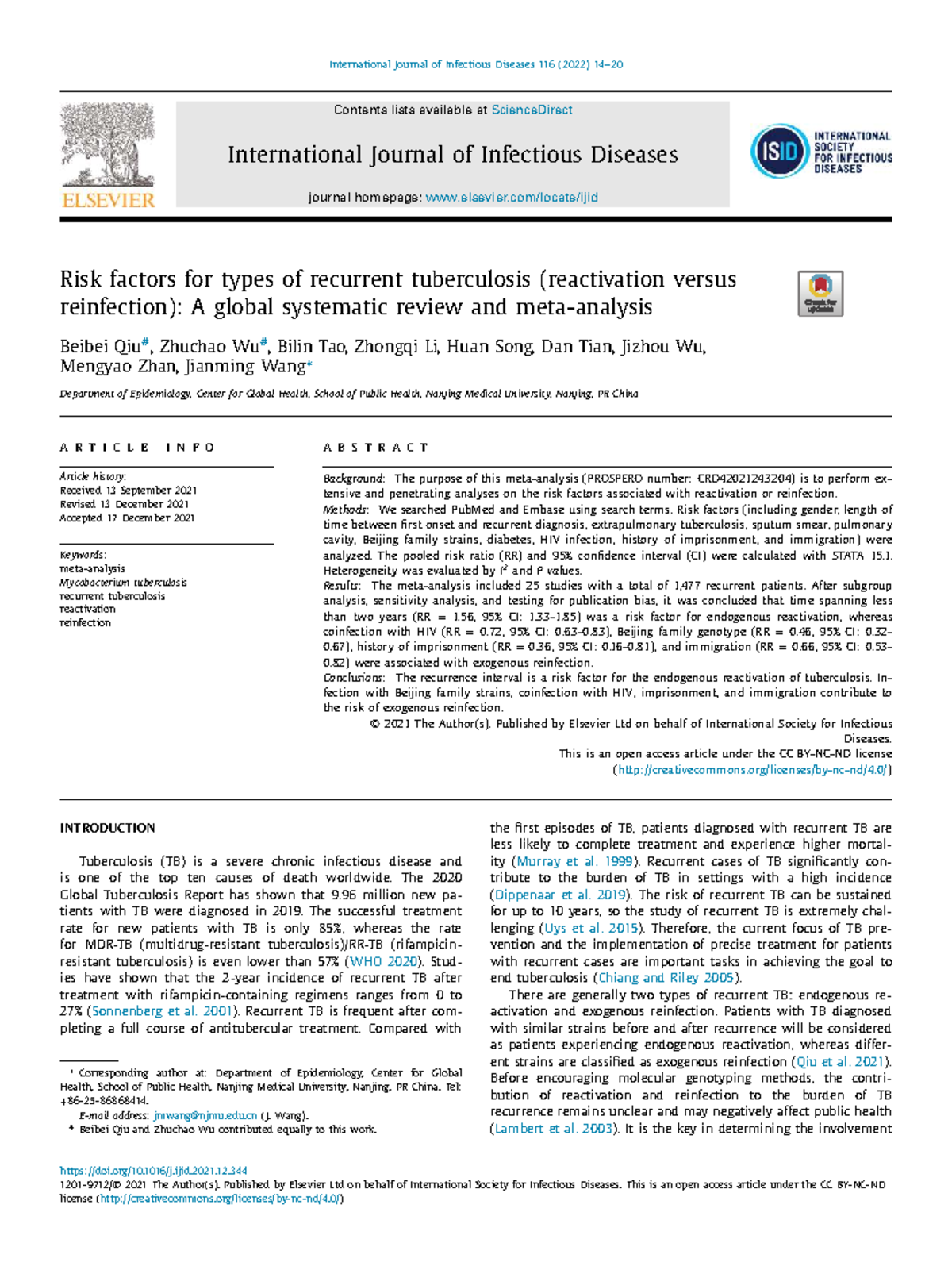 Risk Factors for Recurrent Tuberculosis: A Systematic Review (TBC 2022 ...
