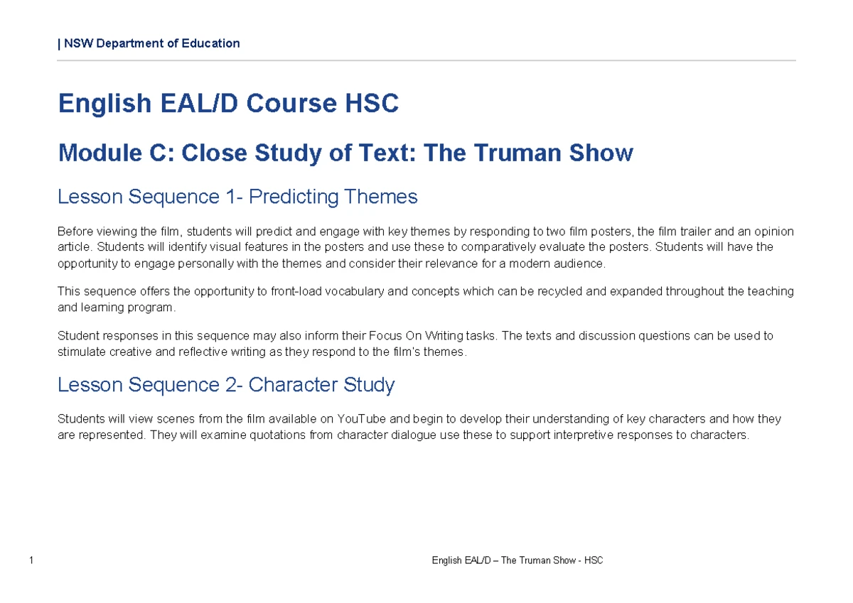 NSW Stage 6 Year 12 Module C: The Truman Show Lesson Sequence - Studocu
