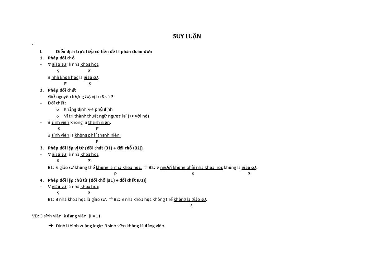Bài 4 suy luận - Lý thuyết - SUY LUẬN ỀDEP I. Diễn dịch trực tiếp có tiền đề là phán đoán đơn 1 ...
