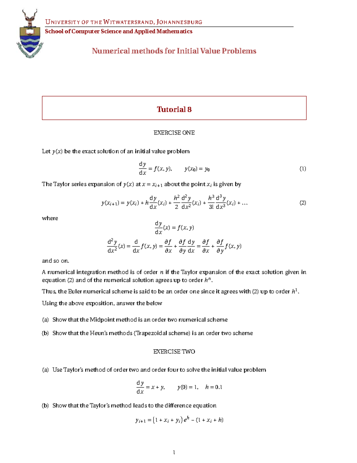 Numerical Methods for IVPs: Tutorial 8 - WITS CSAM - Studocu