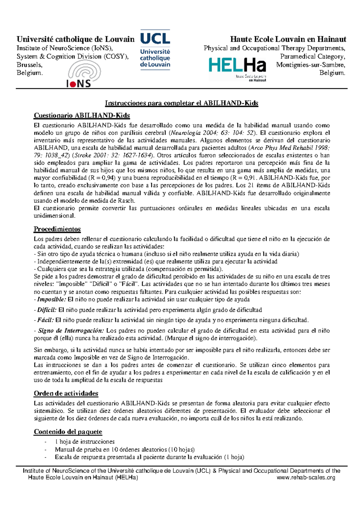 Cuestionario ABILHAND-Kids para Evaluaciones en Español - España - Studocu