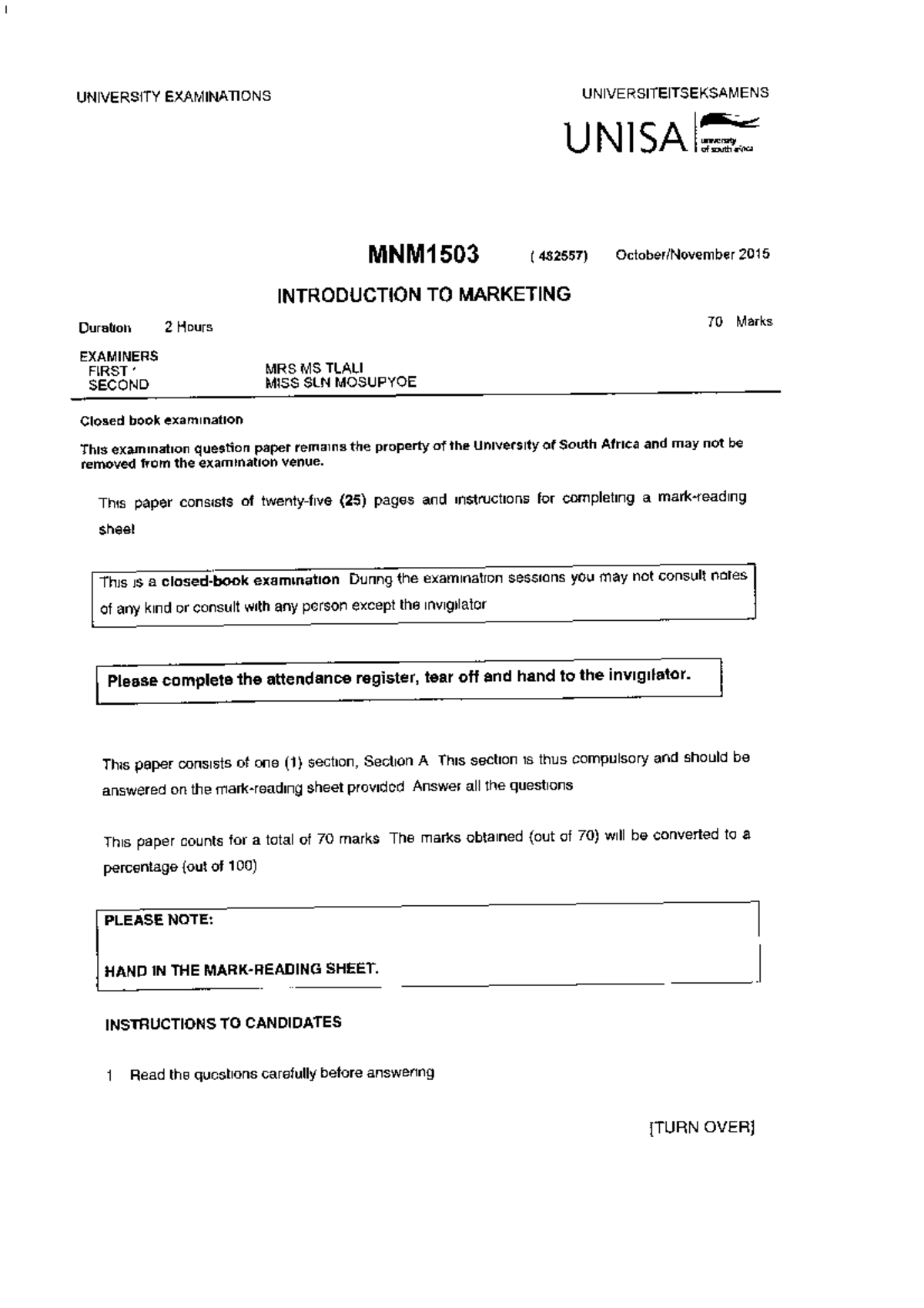 MNM1503 2015 Past Year Exam Paper: Introduction to Marketing - Studocu