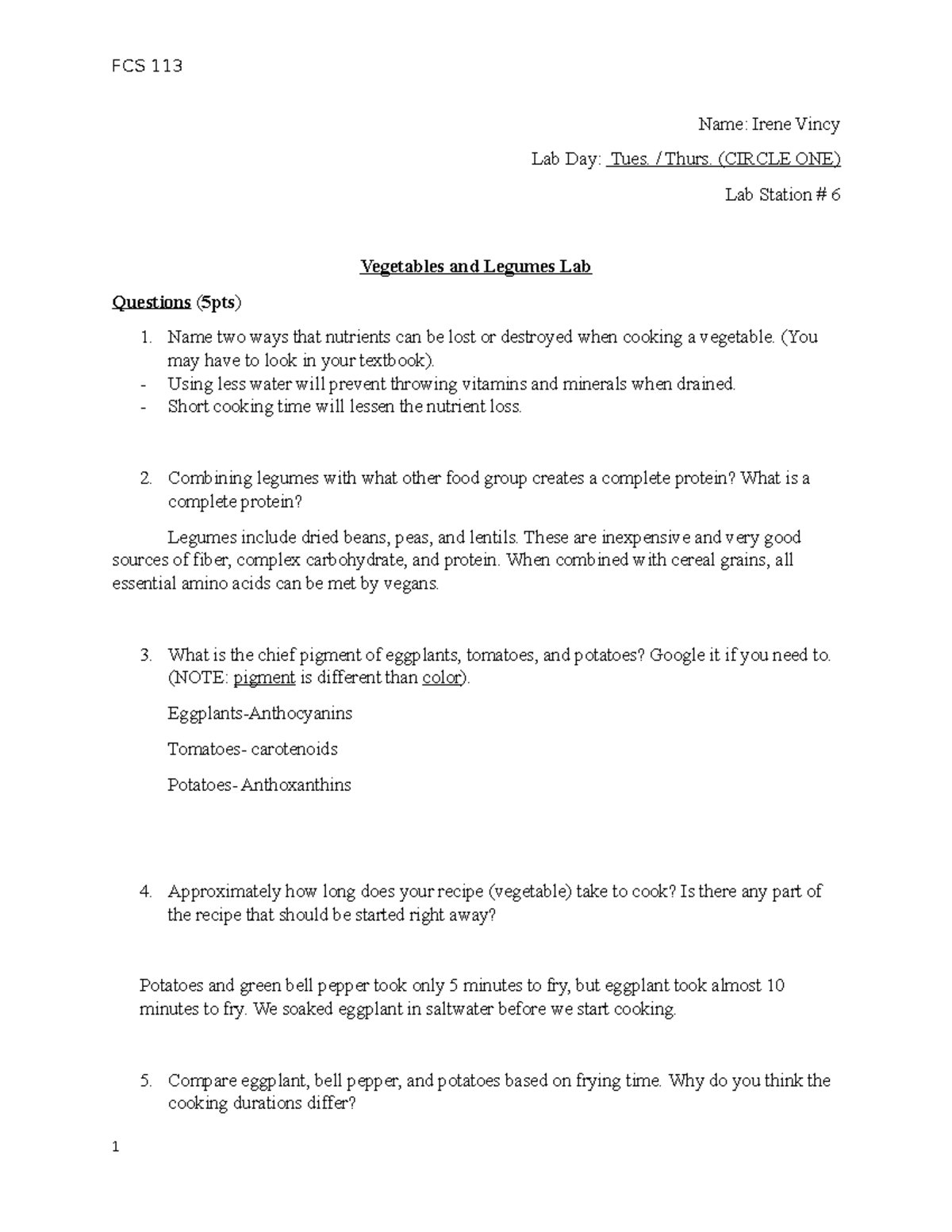 Vegetables and Legumes Lab Notes - FCS 113 - Studocu