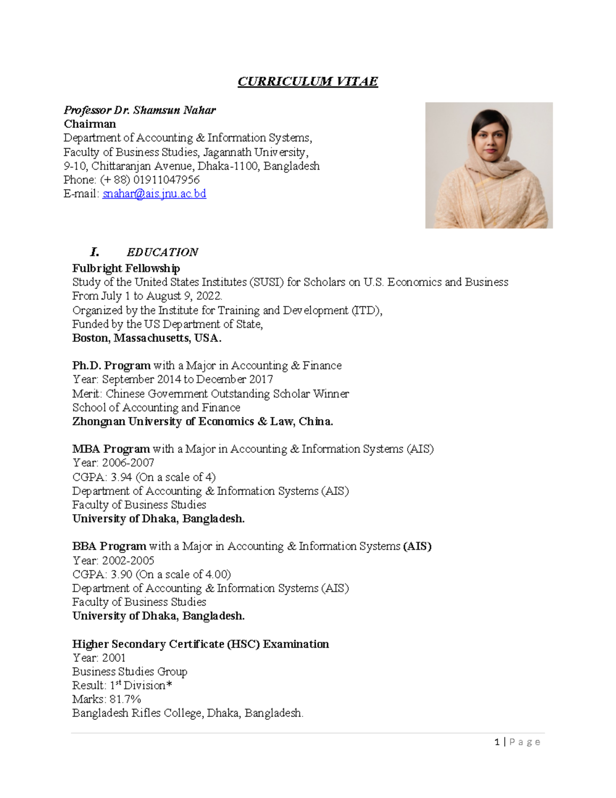 Curriculum Vitae of Professor Dr. Shamsun Nahar - Accounting Systems ...