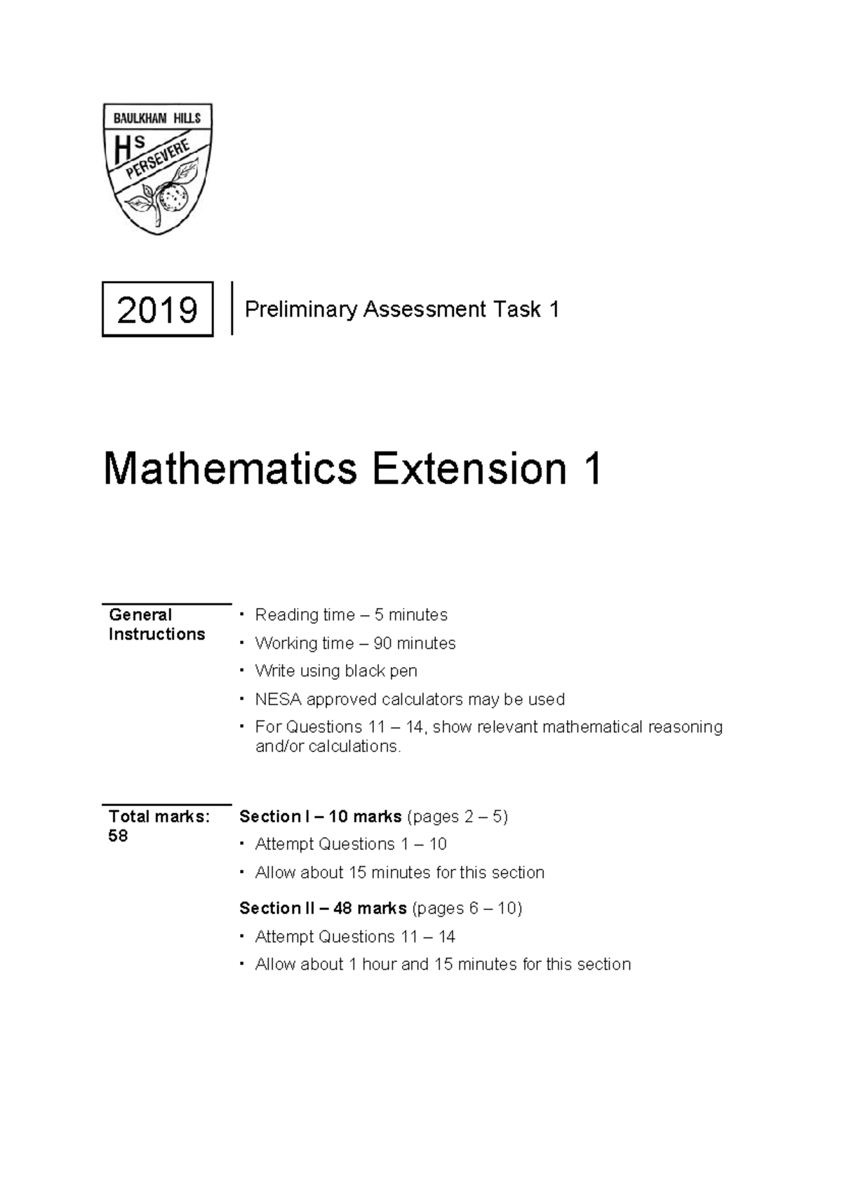 Mathematics Extension 1 - Baulko 2019 Term 1 Exam Past Paper - Studocu