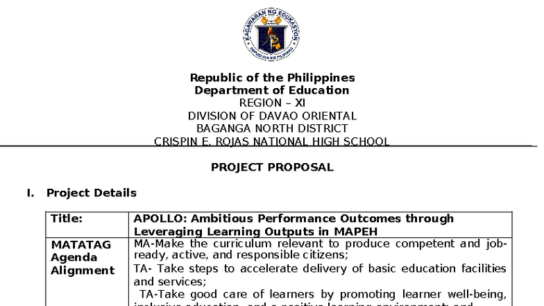 Project Proposal: APOLLO Initiative for MAPEH Curriculum Enhancement ...