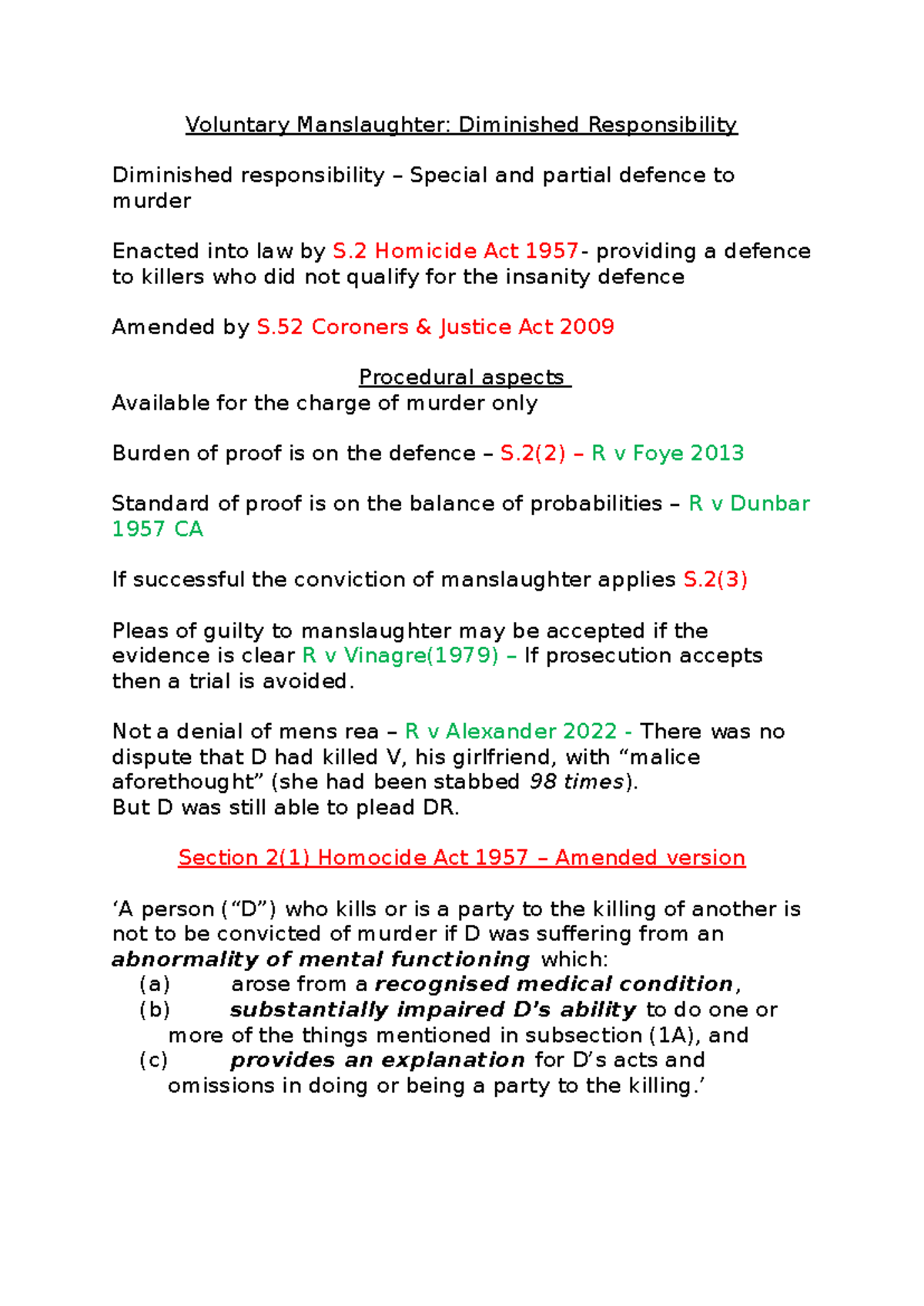 Diminished Responsibility in Voluntary Manslaughter: Key Legal Aspects - Studocu