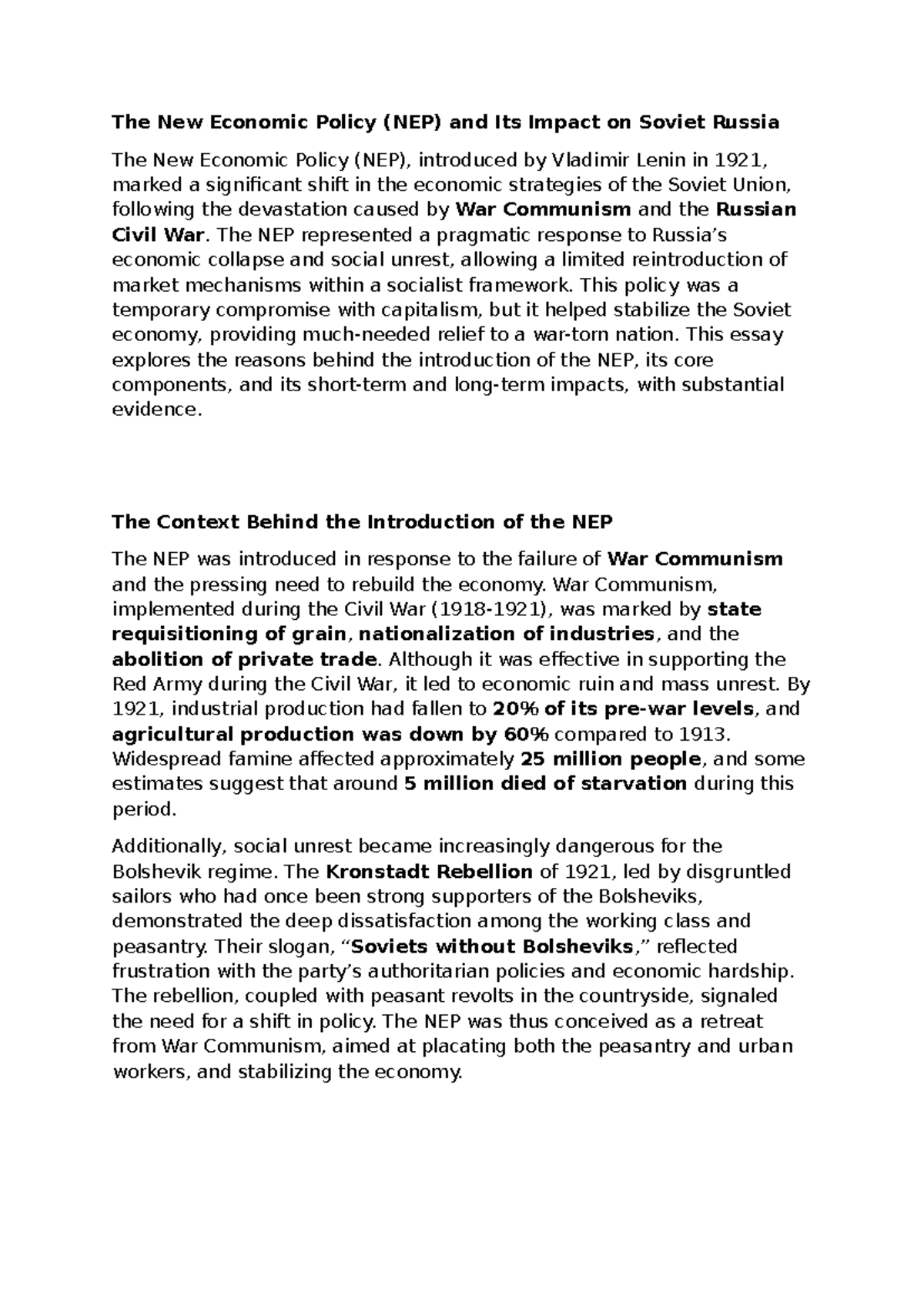 NEP History Essay: Analyzing Lenin's 1921 Economic Policy Shift - Studocu