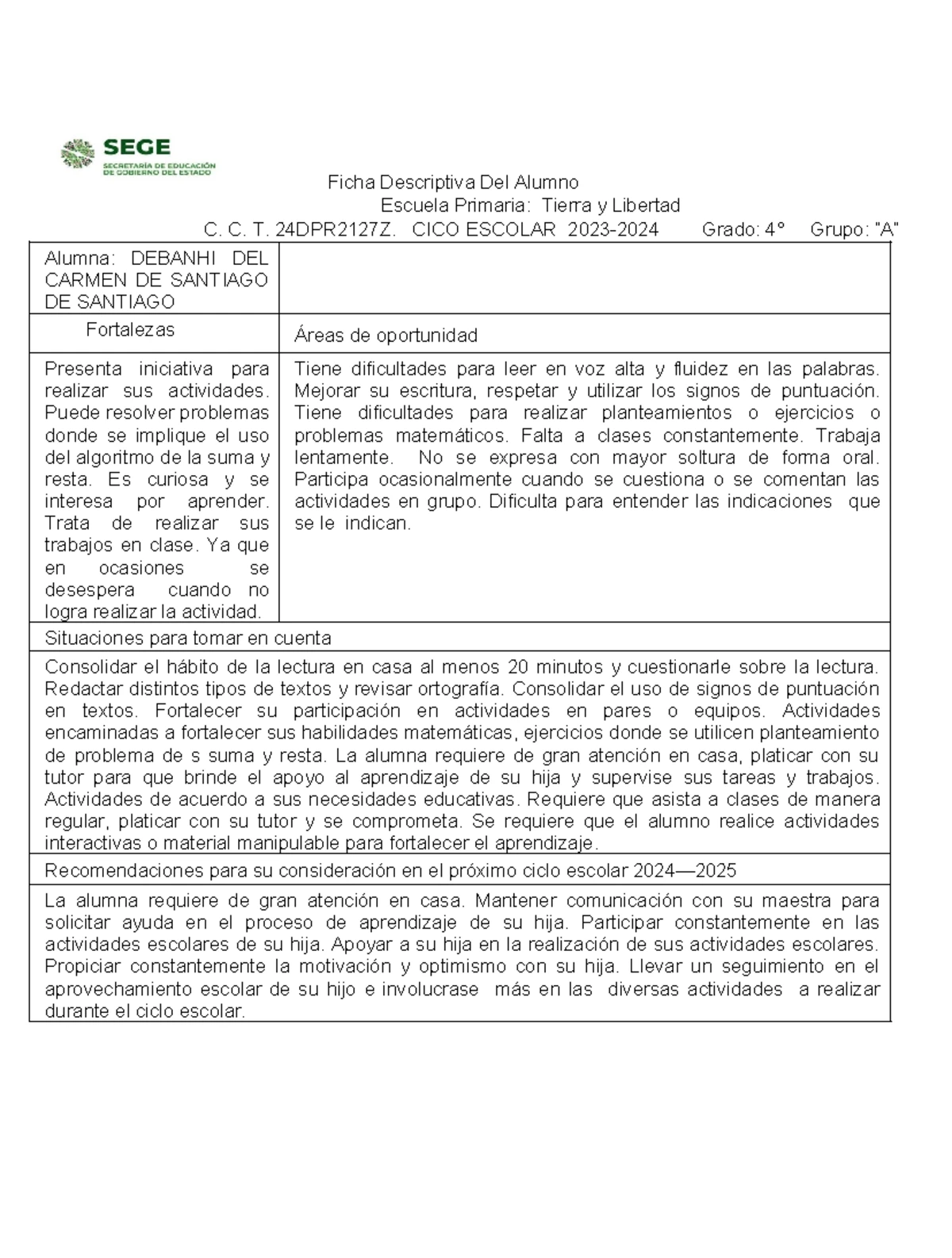 Fichas Descriptivas De Alumnos 4 Grado 2024