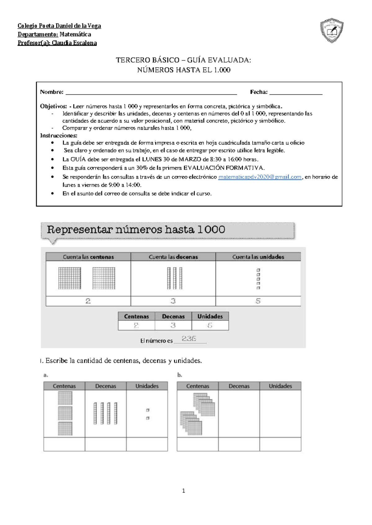3ºB Matemática - Guía Evaluada: Números hasta el 100 - Studocu