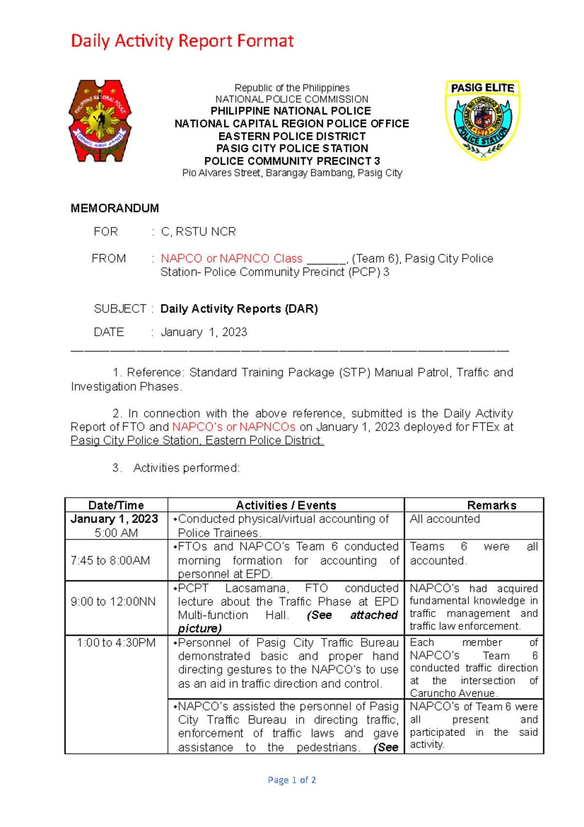 DAR: NAPCO and NAPNCO Team 6 Daily Activity Report - Jan 1, 2023 - Studocu