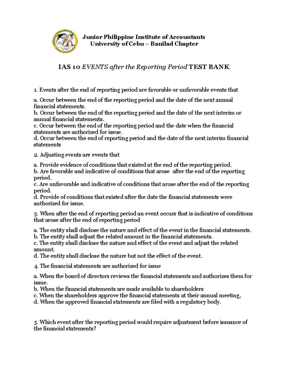 IAS 10 Events After Reporting Period Test Bank - University of Cebu ...